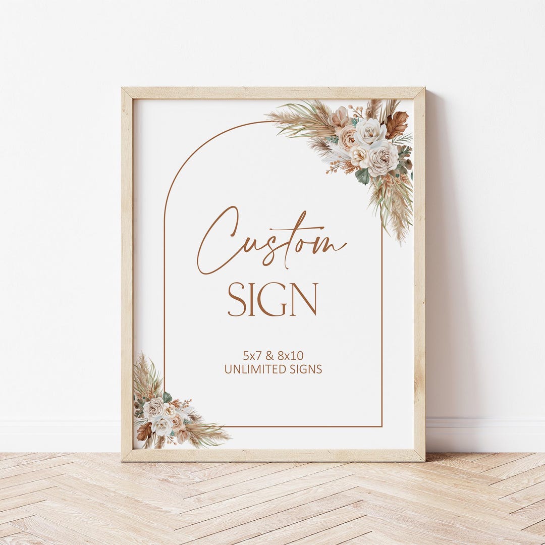 Editable Boho Floral Custom Sign Template, Pampas Grass Bohemian Table ...