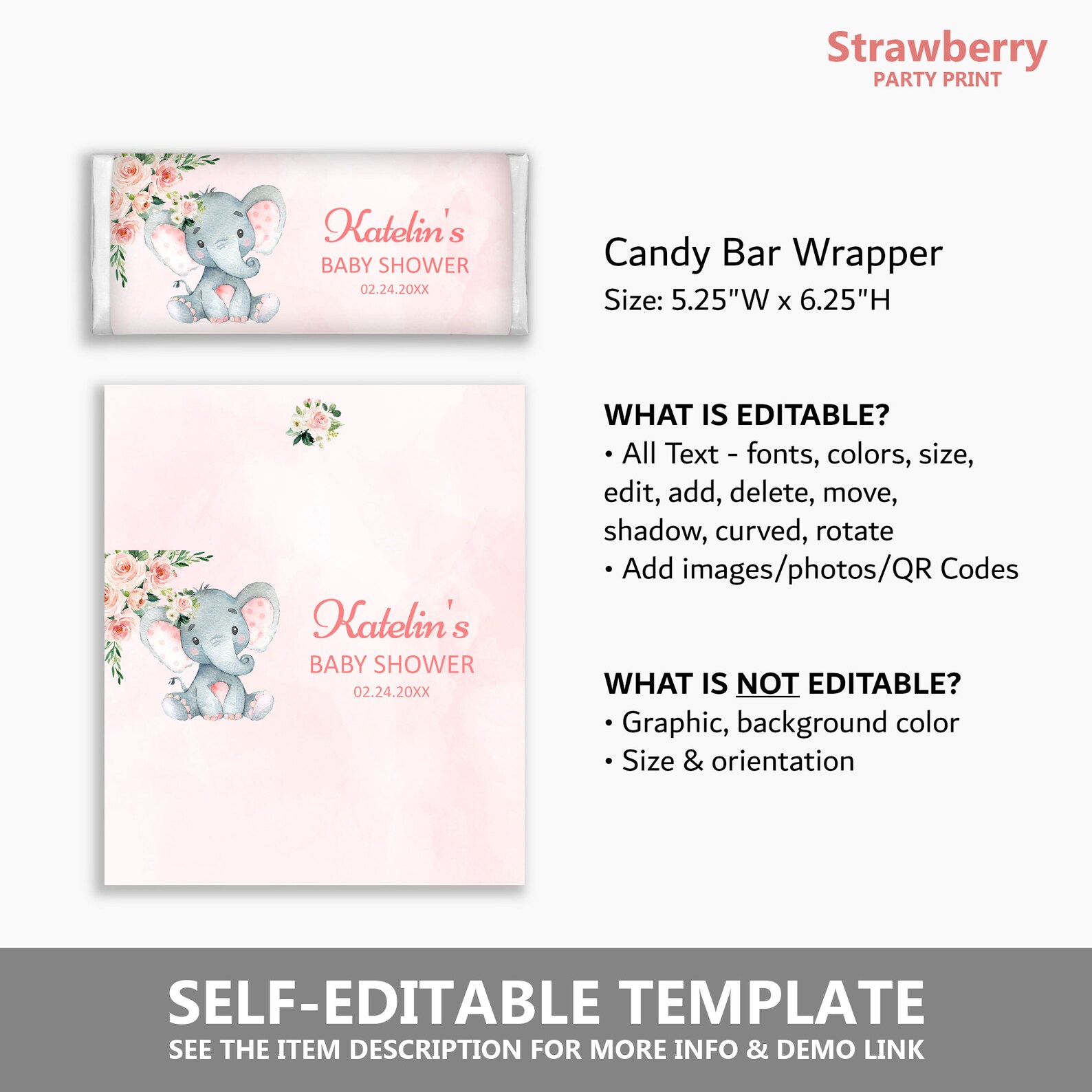 Editable Pink Elephant Candy Bar Wrapper Chocolate Label Girl Elephant ...
