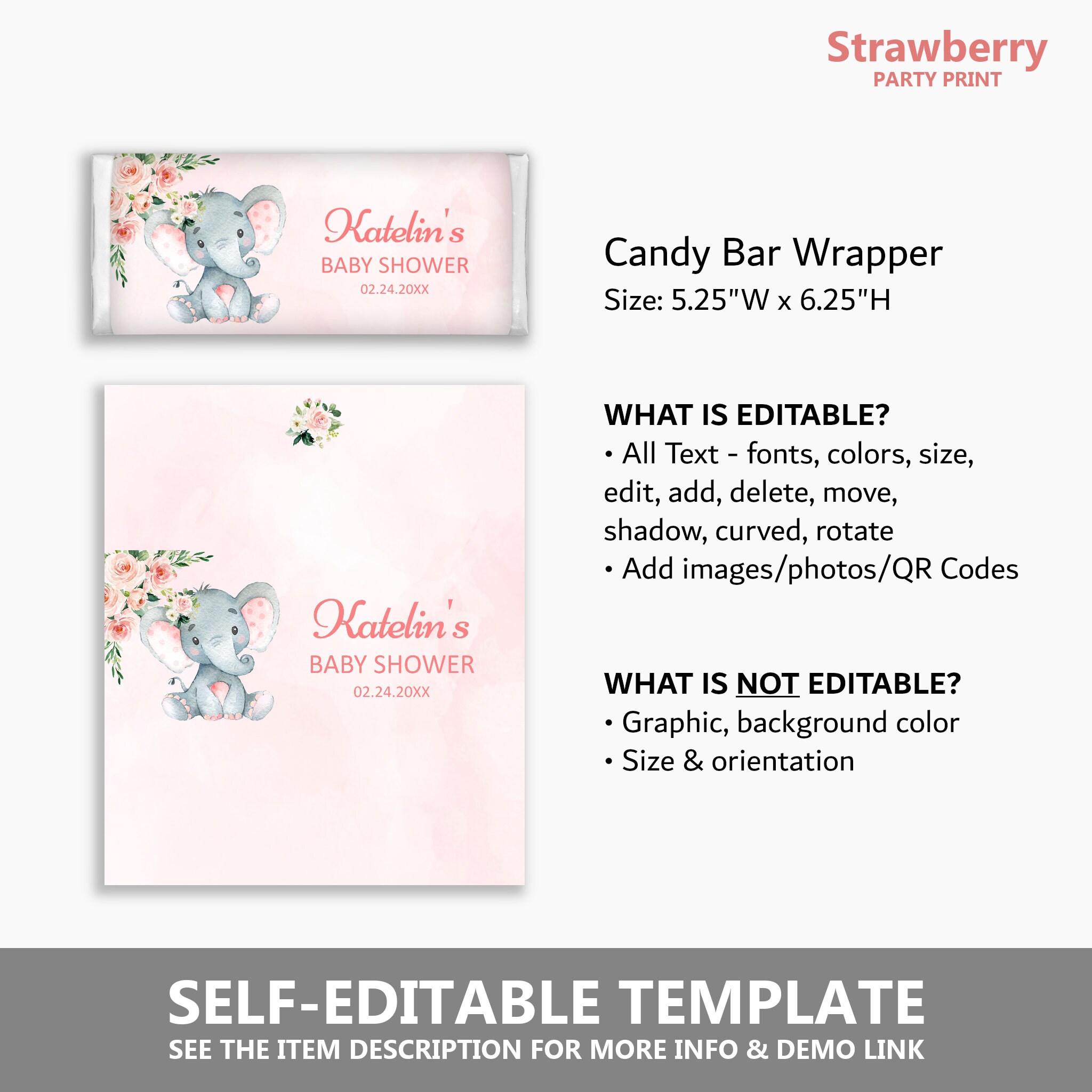 Editable Pink Elephant Candy Bar Wrapper Chocolate Label Girl Elephant ...