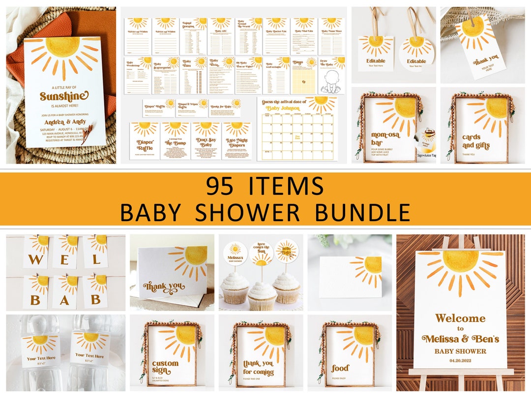 Editable Sunshine Baby Shower Bundle Sun Baby Shower Invitation Bundle ...