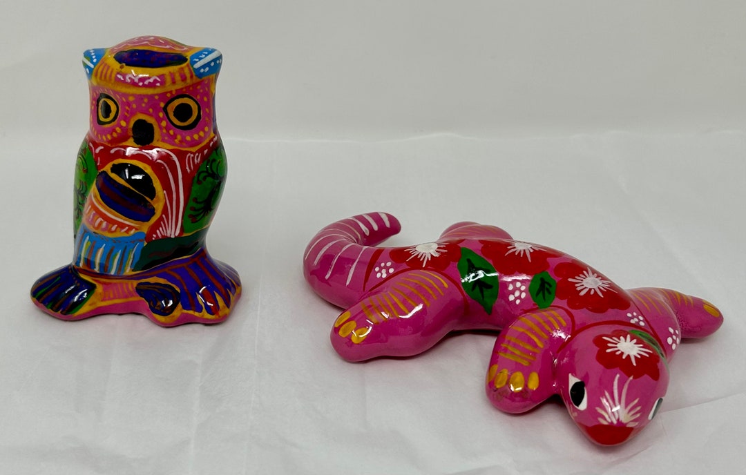Set of 2 TALAVERA Mexican Painted Animals Gecko Owl Ceramic Mexico Folk ...