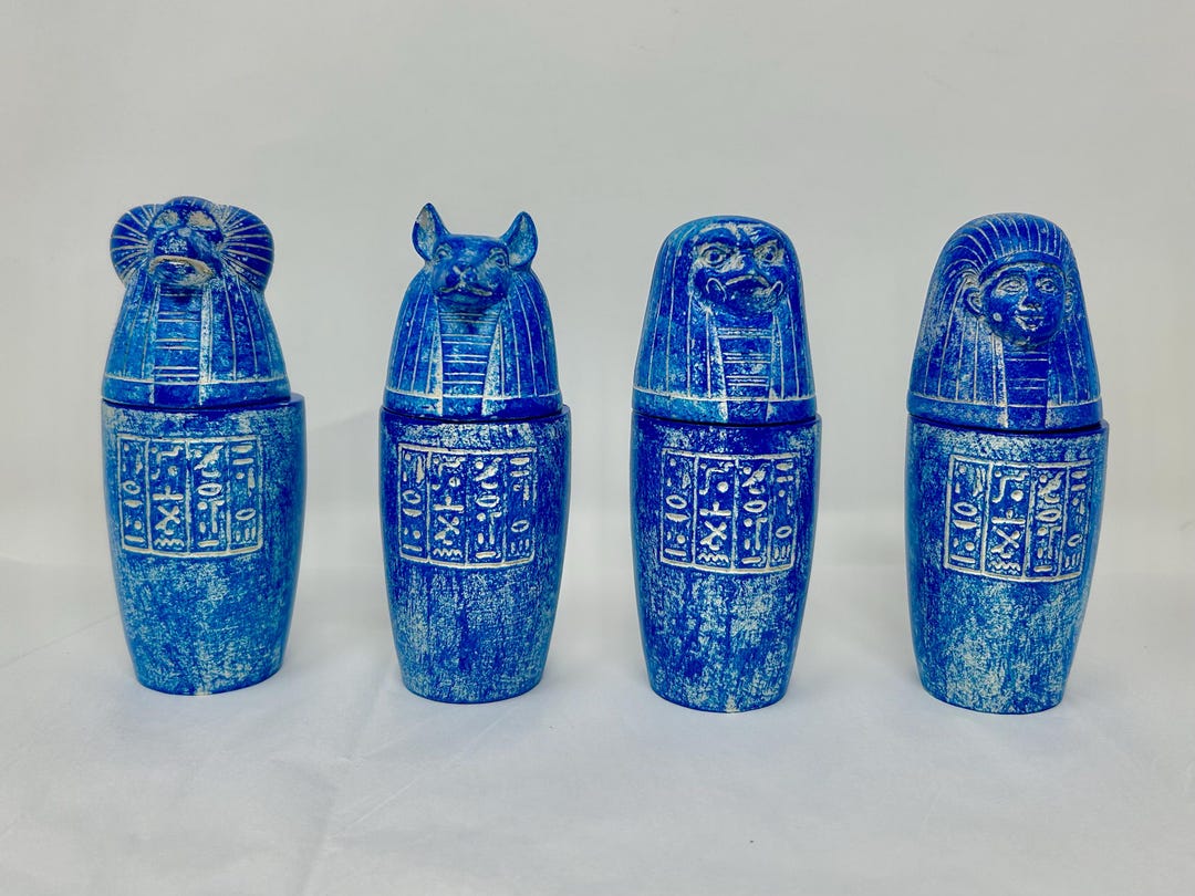 Set of 4 Egyptian Revival Canopic Jars – Blue Ceramic Horus Sons – 8.5 ...