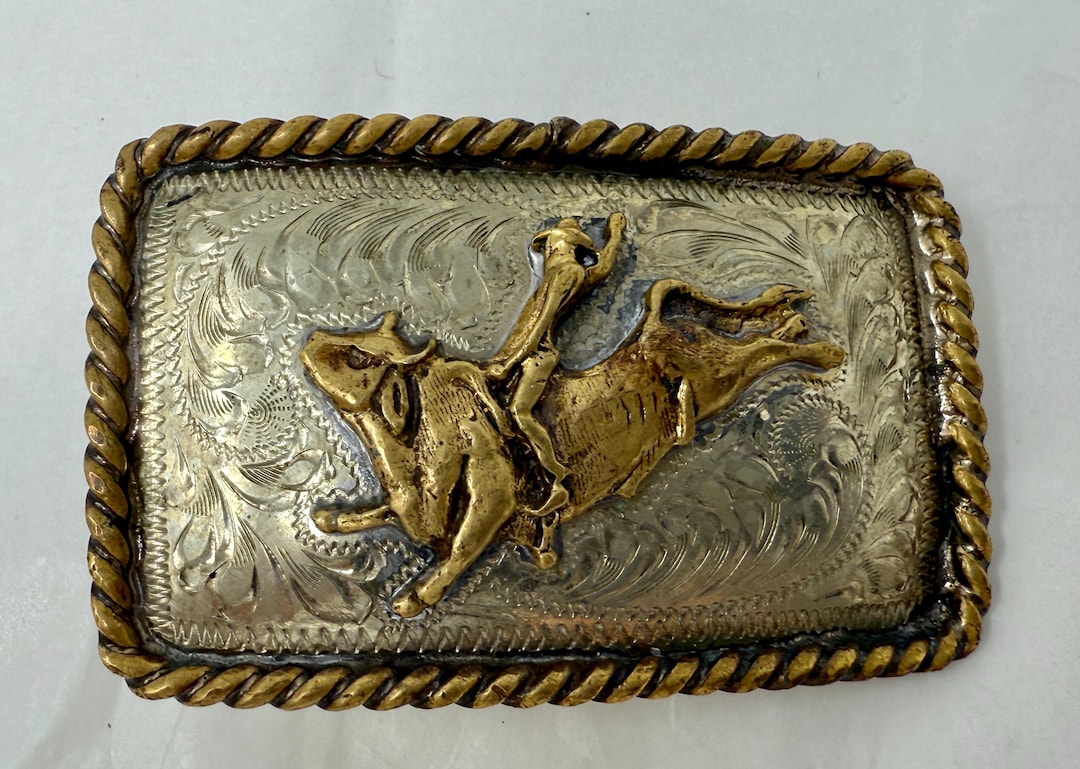 Vintage Cowboy Bronco Rider Belt Buckle Rope Border Western Rodeo Brass ...