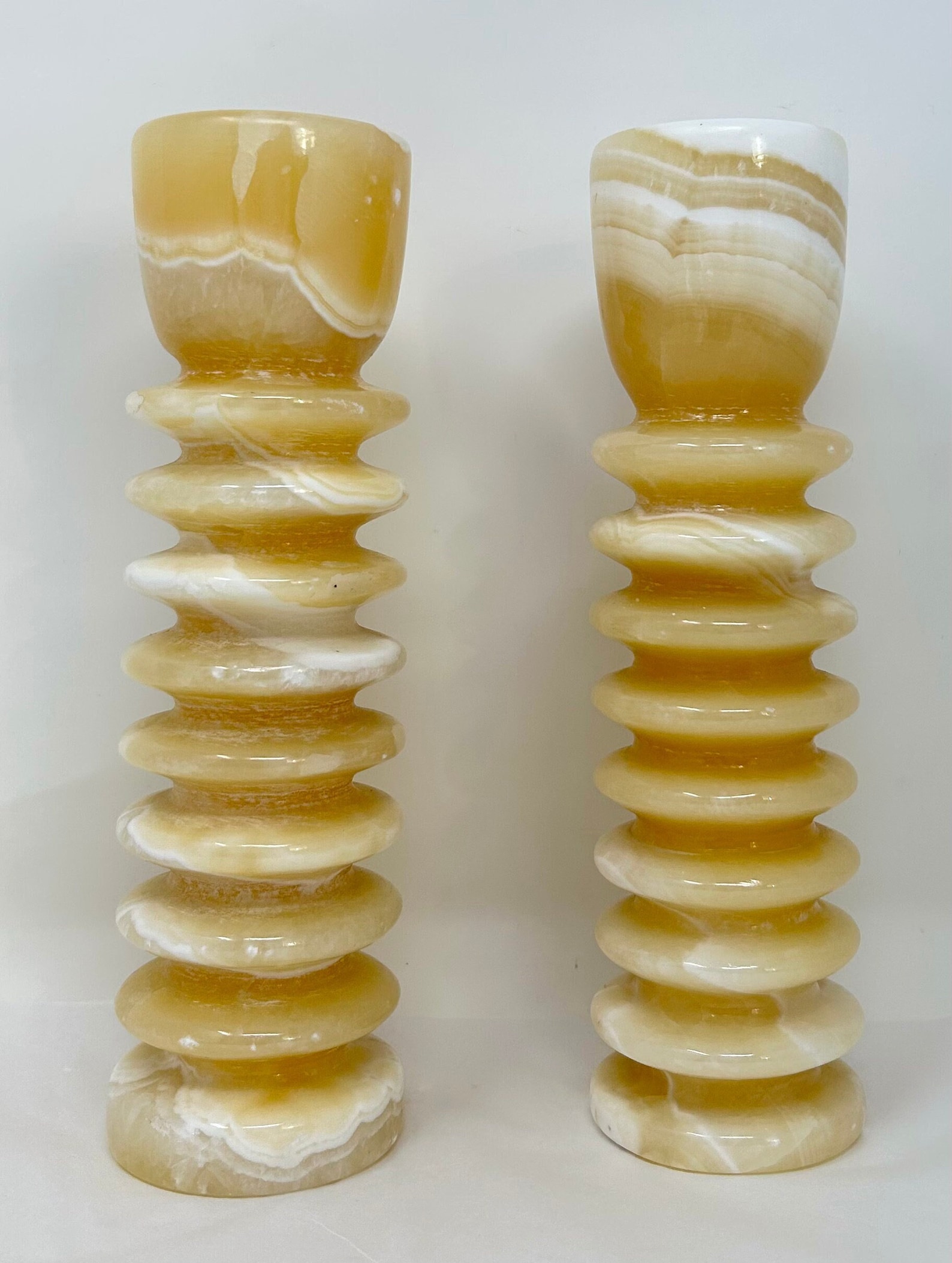 Set of Alabaster Onyx Candle Holders 8" Ribbed Rings Column Polished ...