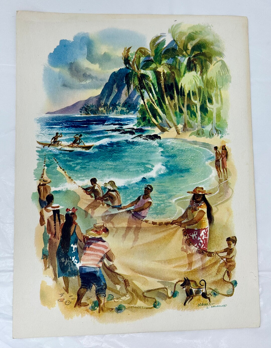 Vintage 1950s Hawaii Watercolor Print – Fishermen Casting Nets ...