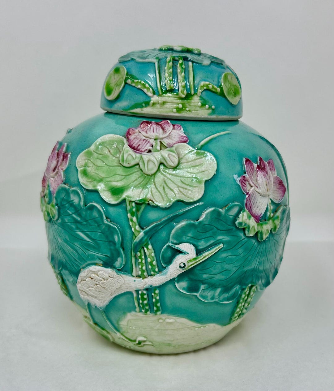 Vintage Chinese Wang Bing Rong Ginger Jar Cranes Lily Pads Porcelain Relief - Etsy