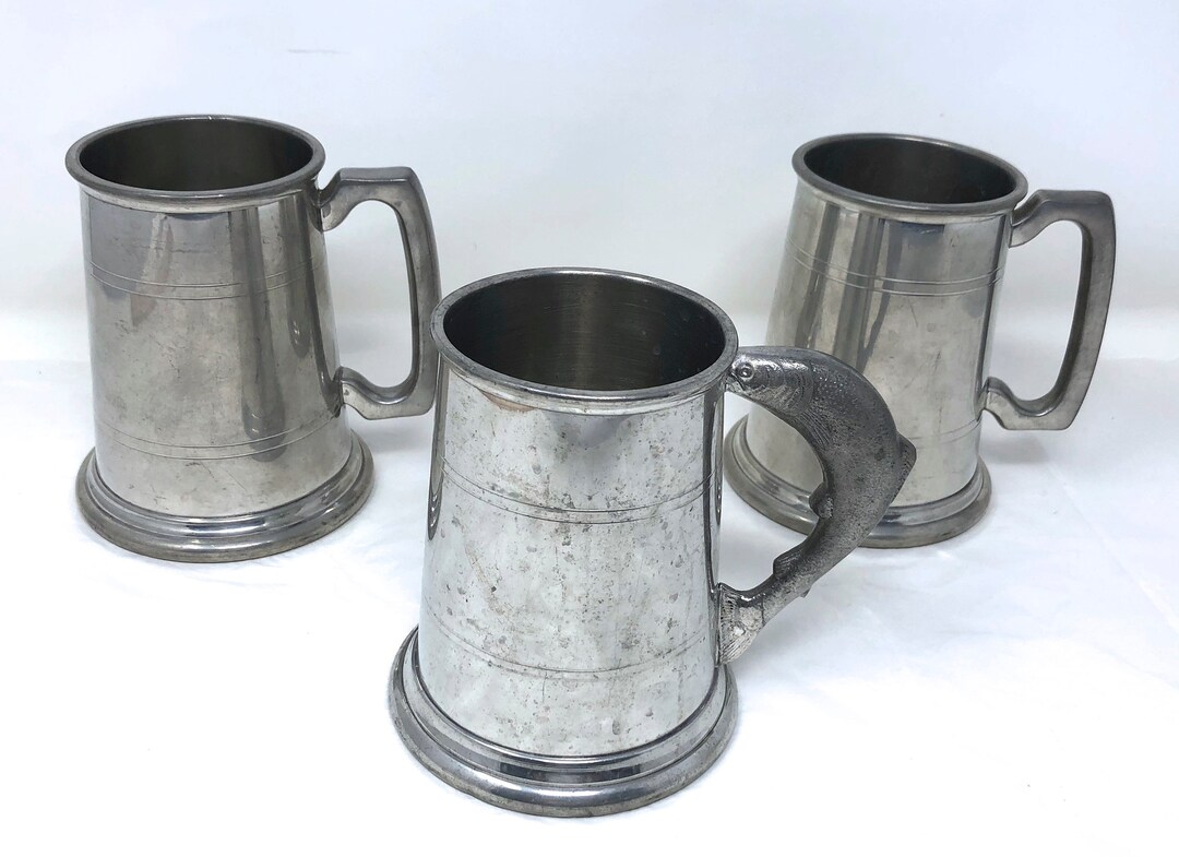 Set of 3 Pewter Steins Beer Mugs Fish Handle Clear Bottom Tankard ...