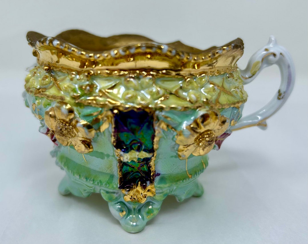 Vintage German Lusterware Creamer – Green Gold Porcelain With Relief ...
