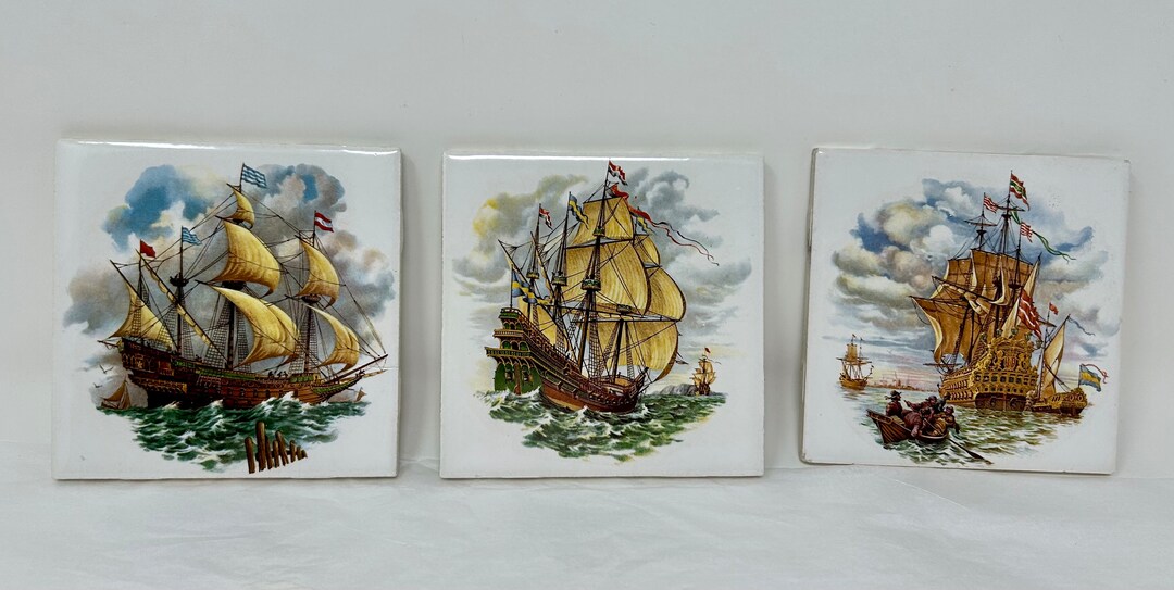 Set of 3 Tiles Gardena, CA Ships Sailboats Boats Ceramic Porcelain - Etsy
