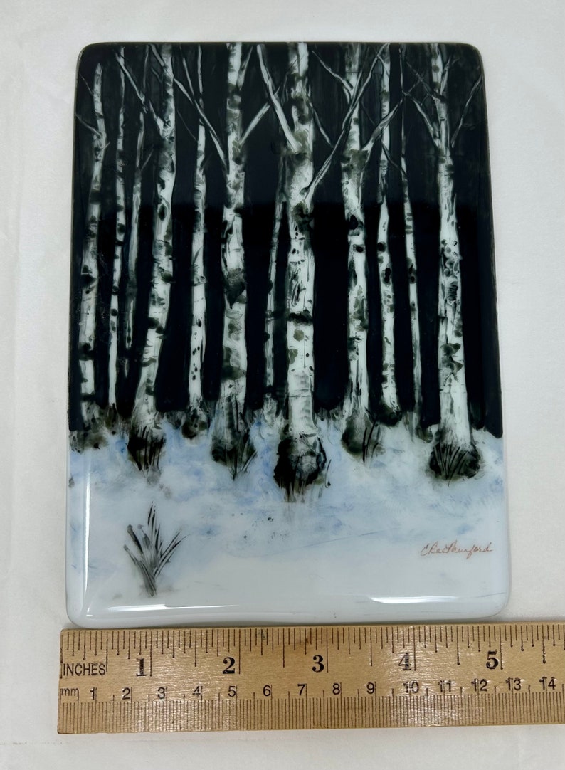 Signed Glass Art Tile – Snowy Aspen Birch Tree Forest – C. Rutherford 5 ...