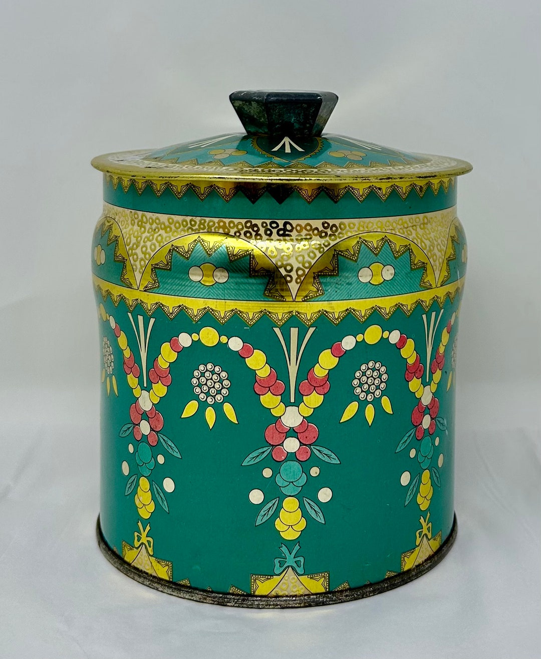 Vintage English England Tin Container Box Metal Teal Green Gold Antique ...