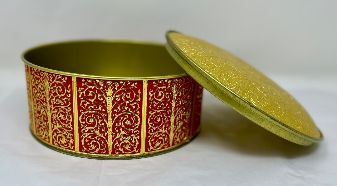 Vintage Guildcraft Tin Round Box Relief Embossed Red Gold Metal - Etsy
