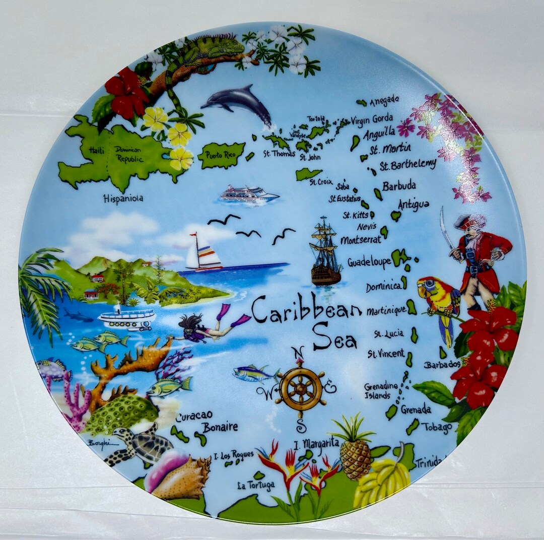 Vintage Caribbean Sea Plate Souvenir Islands Travel Map Decorative Wall ...