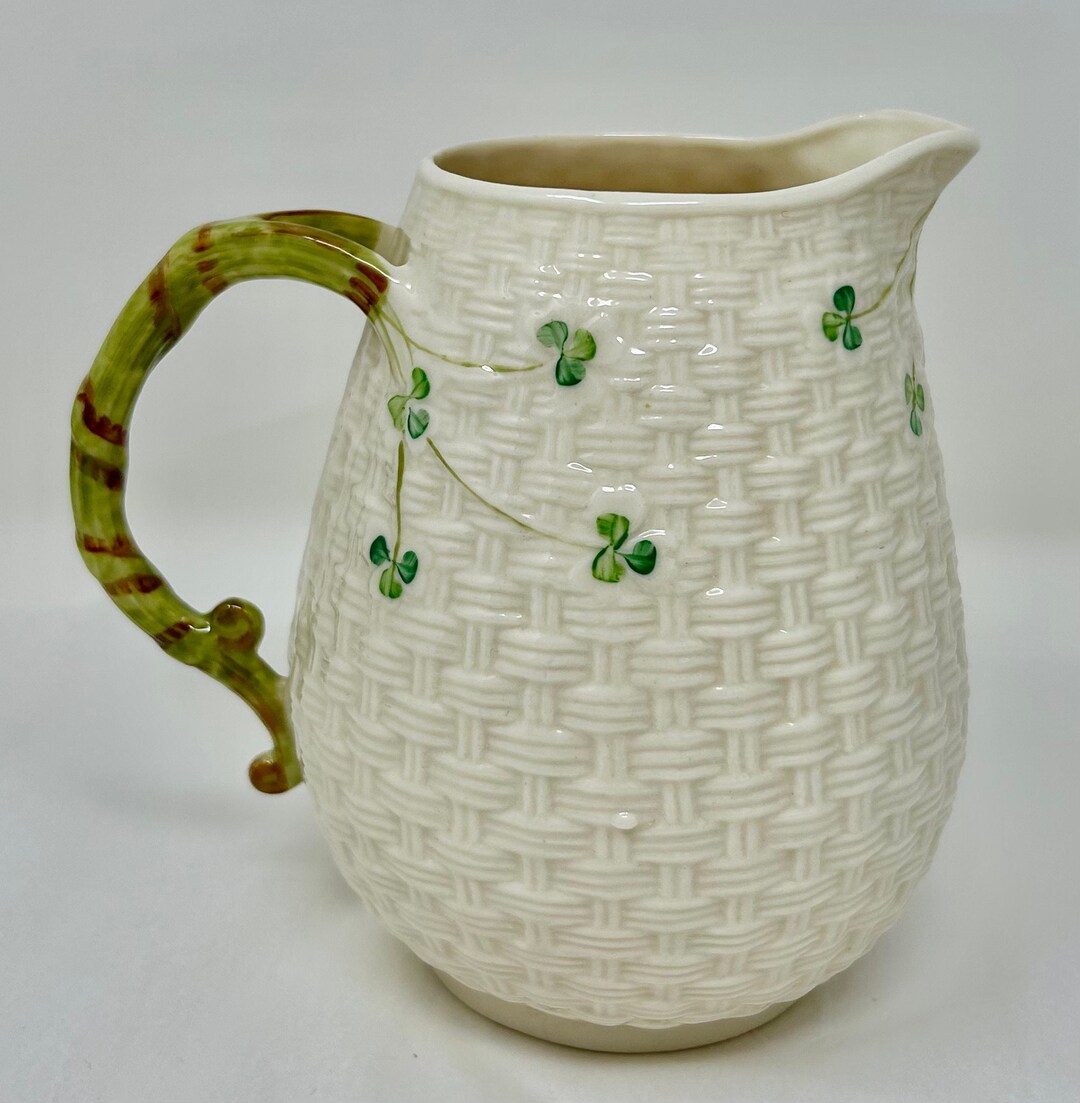 Vintage Belleek Shamrock Pitcher – Irish Porcelain Basket Weave Creamer ...
