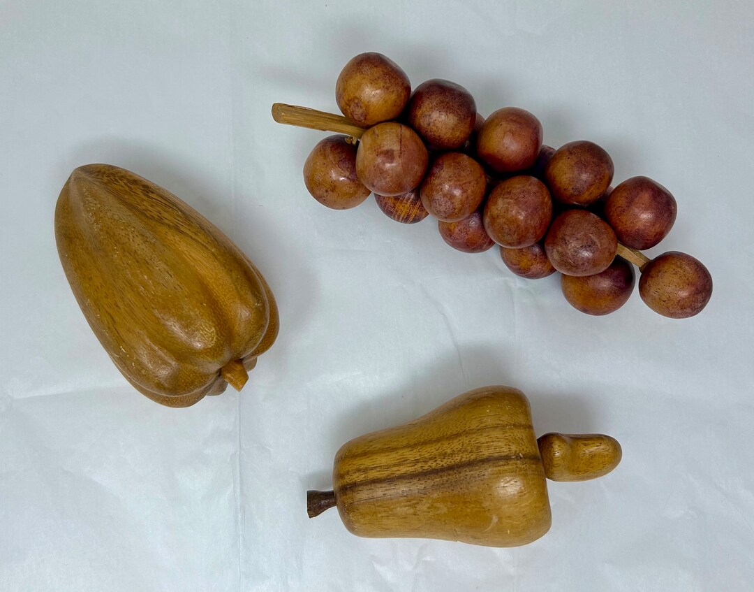 Set of 3 Wood Wooden Pieces of Fruit Mid-century Grapes Carved Tropical ...