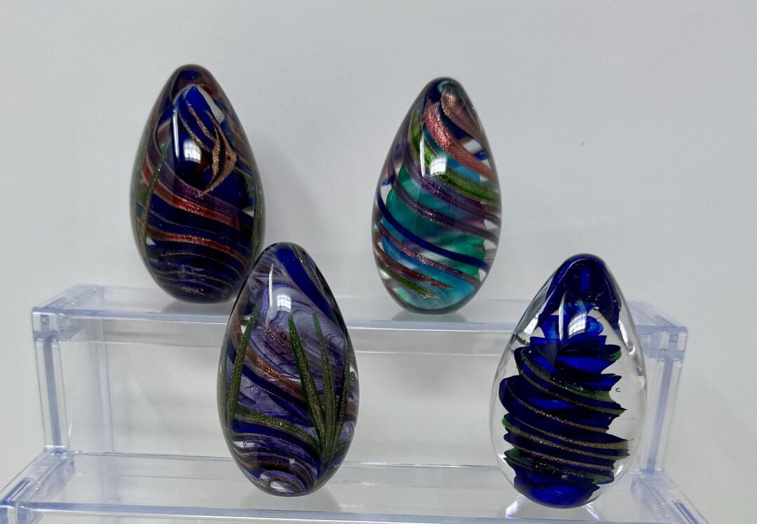 Set of 4 Signed Rivard Art Glass Paperweights – Swirled Teardrop Design ...