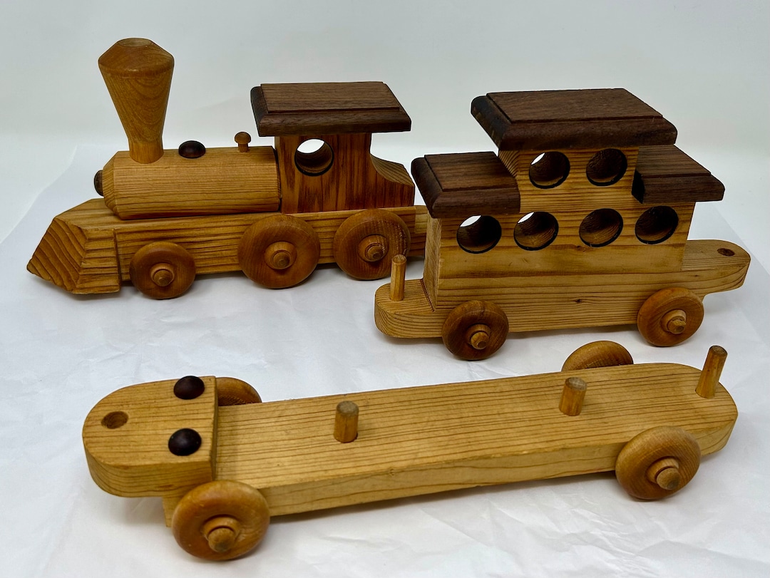 Antique Vintage Set of 3 Wood Wooden Hand Crafted Train Cars Engine ...