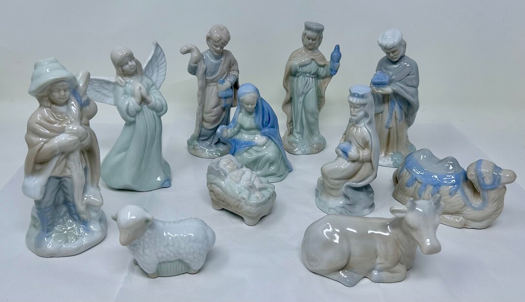 11 Piece Nativity Set Porcelain Pastel Blue White Green Tan Holiday ...