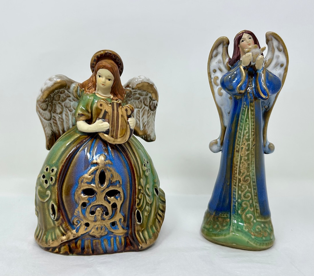 Set of 2 Ceramic Pottery Angels Figurines Holiday Christmas Hand ...