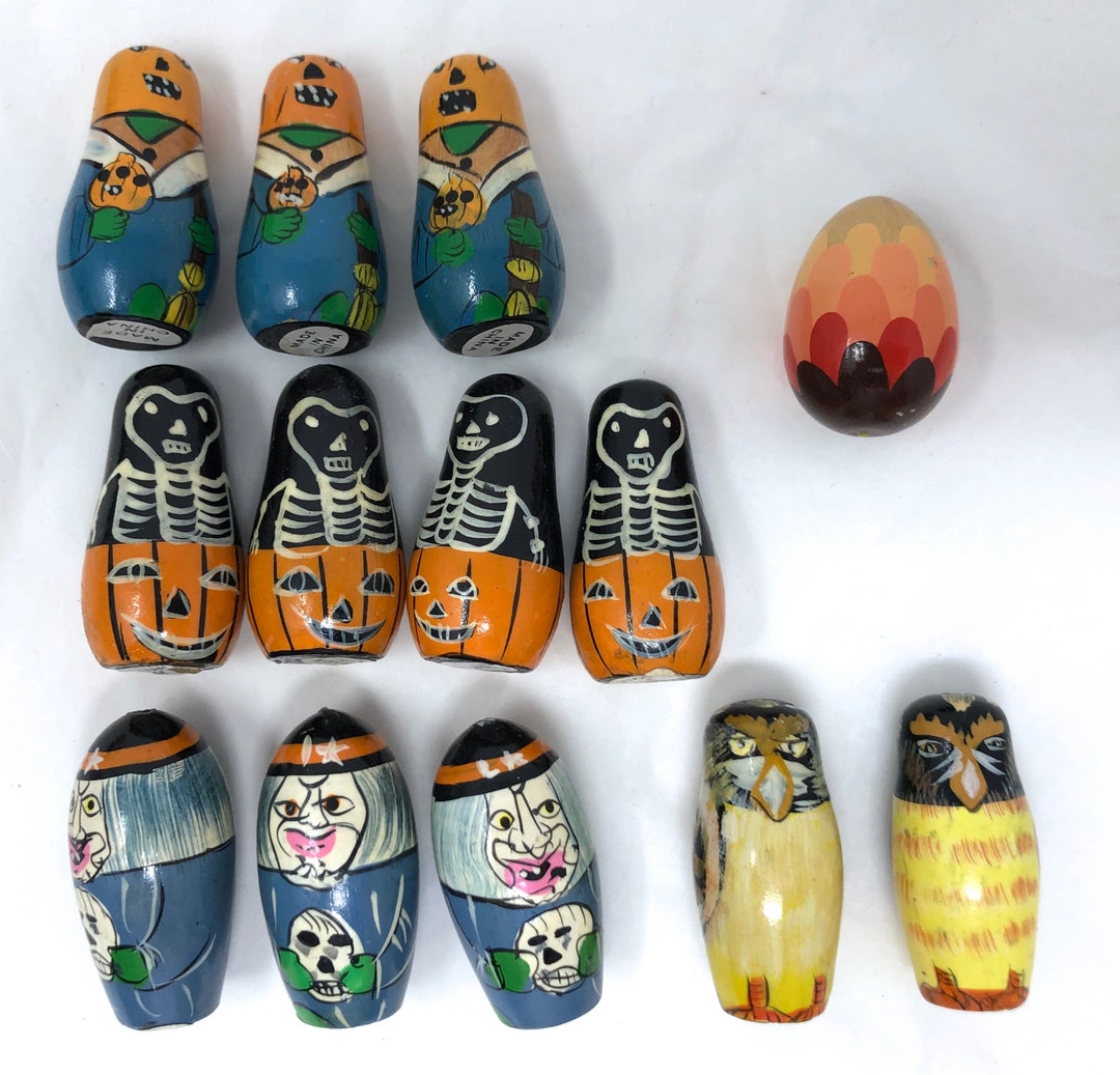 12 Vintage Wood Wooden Halloween Pegs Peg People Dolls Witch Pumpkin ...