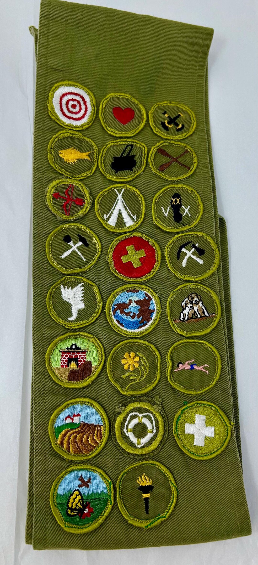 Vintage Boy Scout Merit Badge Sash • 1960s Cut-edge Badges • Olive ...