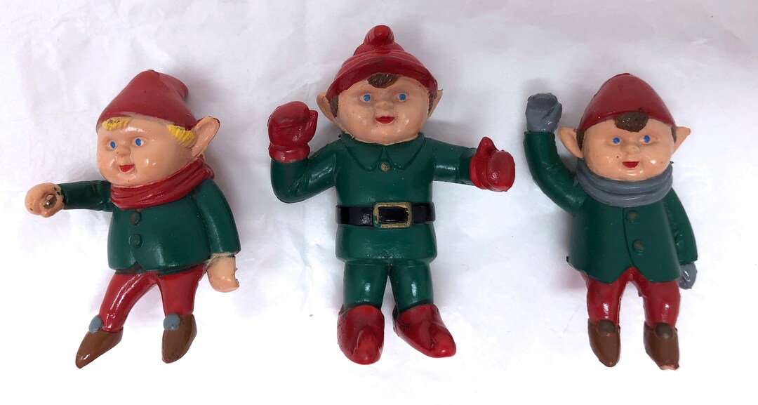 Vintage 50's Set of 3 Plastic Elf Elves Toy Sitting Pixie Blue Eyes Mid ...