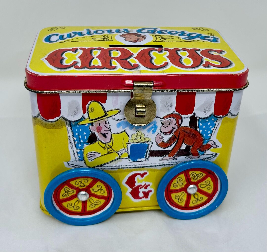 Vintage Schylling Tin Box Curious George Wheels Bank Circus Children ...