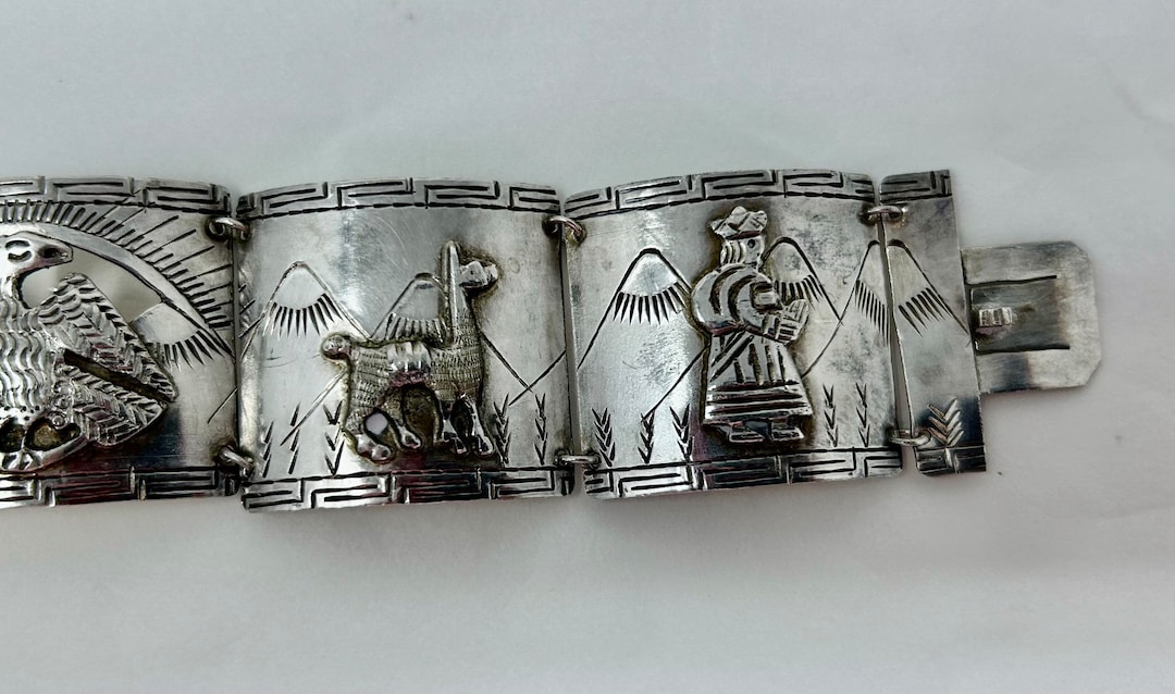 Vintage Peru Peruvian Folk Art Sterling Silver Link Bracelet Cuff ...