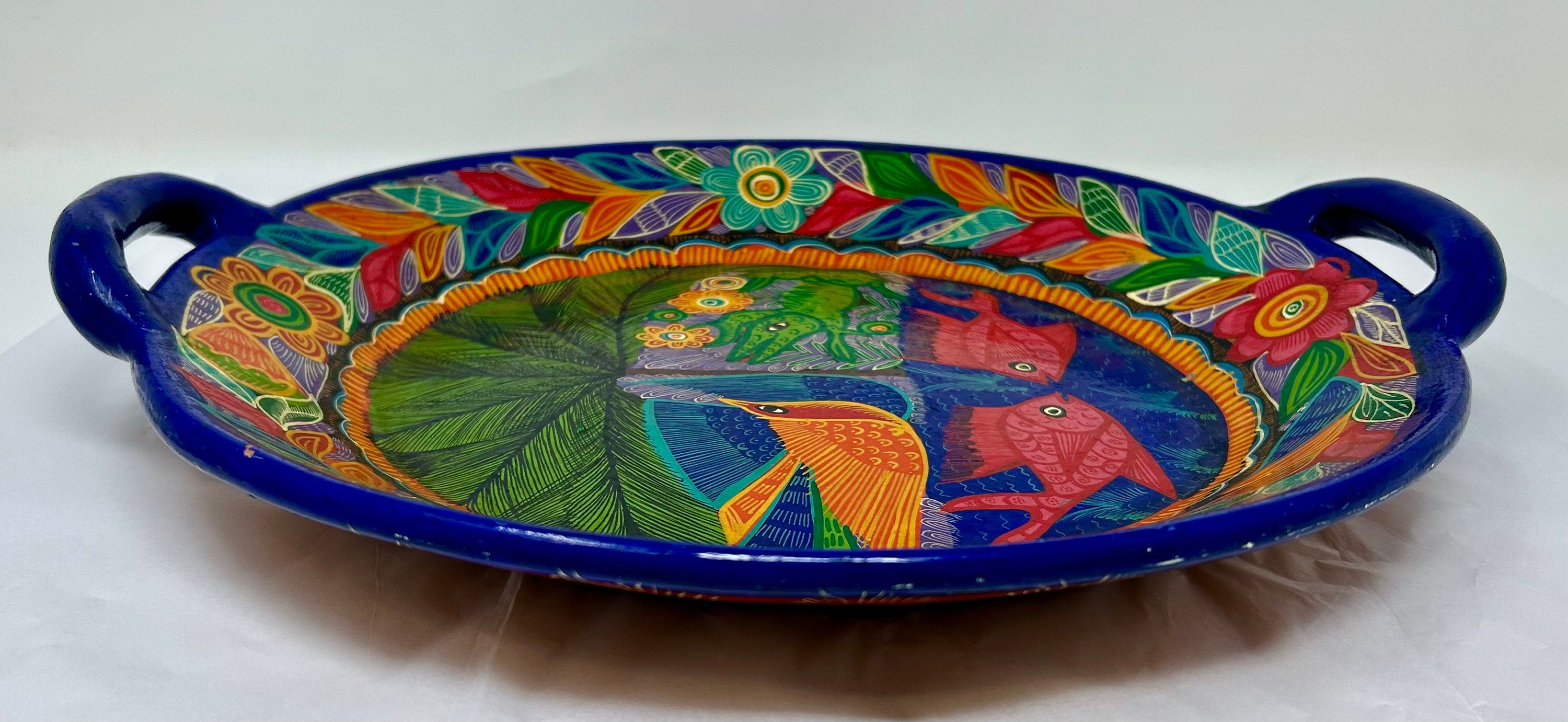 Mexican Terra Cotta Tray Platter Folk Art Fish Alligator Hand Painted ...