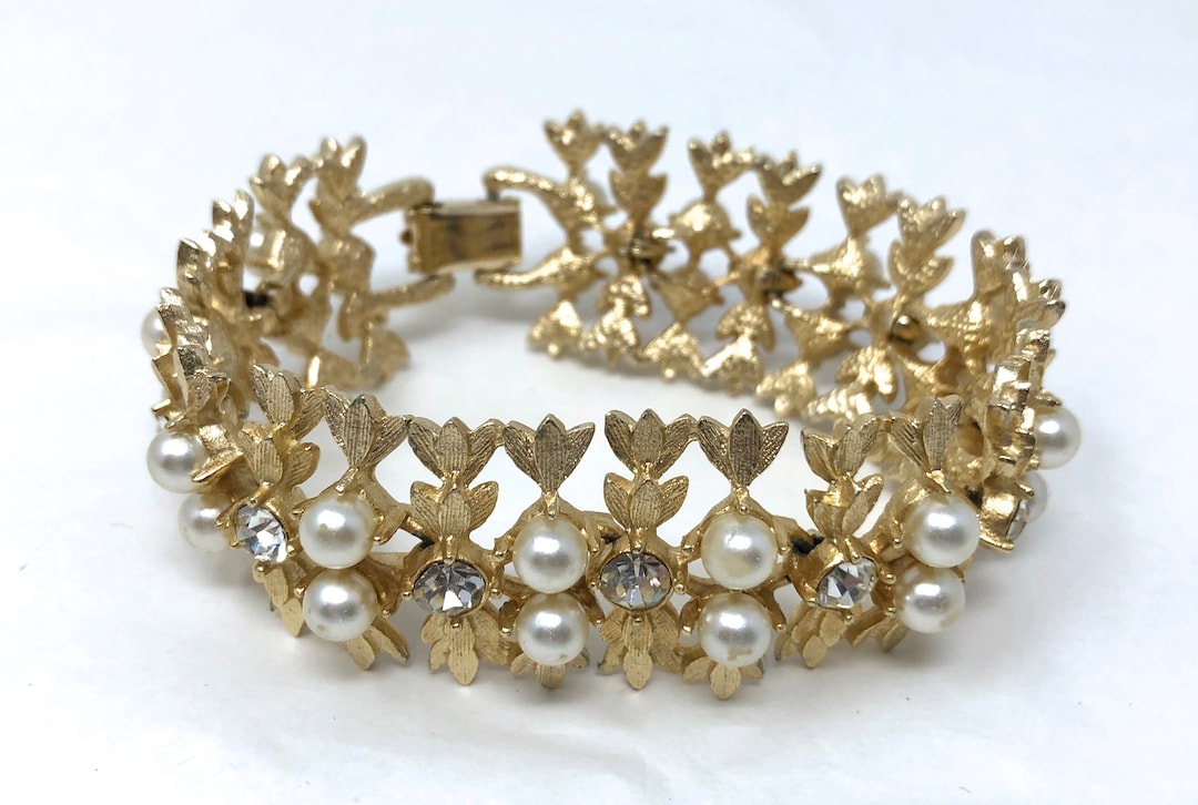 Vintage Sarah Covington Coventry Bracelet Cuff Pearl Rhinestone Signed ...