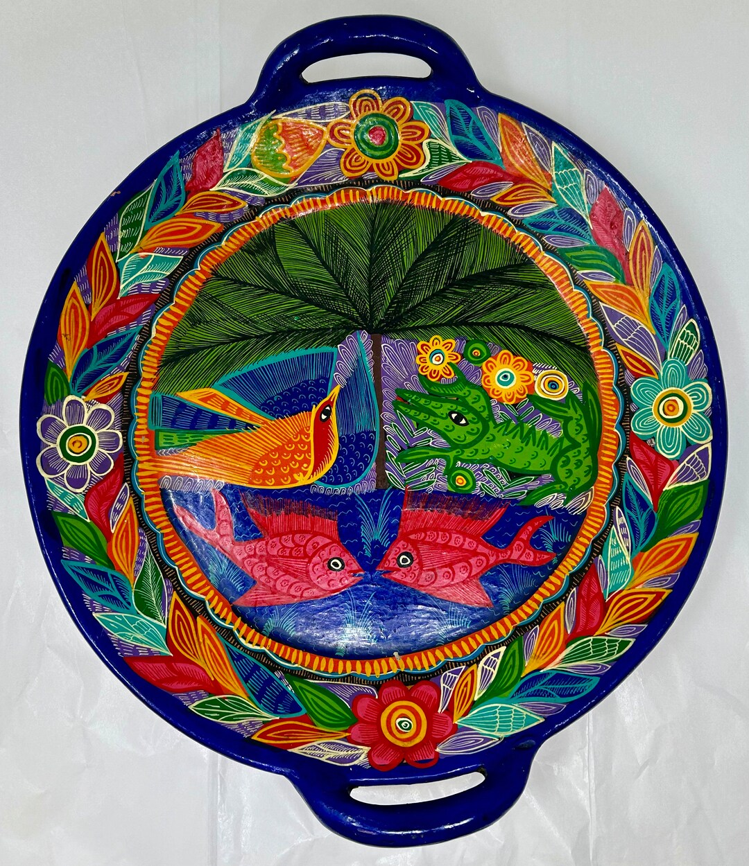 Mexican Terra Cotta Tray Platter Folk Art Fish Alligator Hand Painted ...