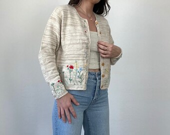 Handmade Knitted Button Down Sweater for Women With Embroidered Floral ...