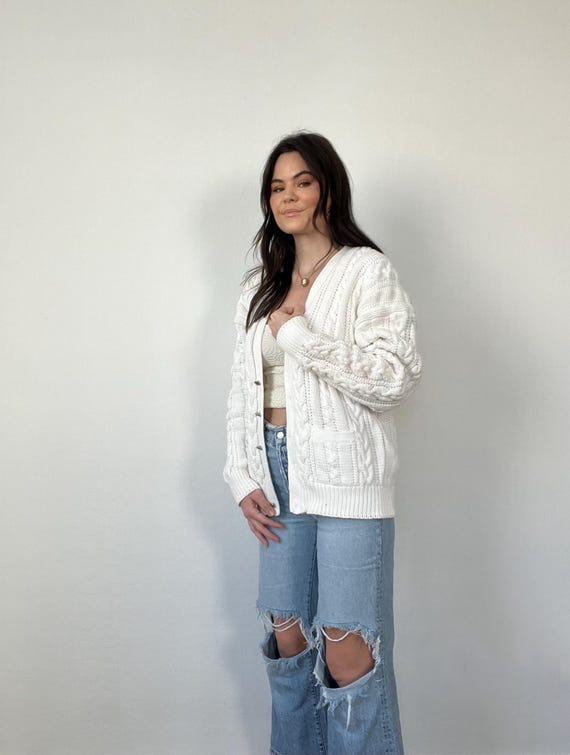 Vintage White Chunky Knit Cardigan Sweater - Gem