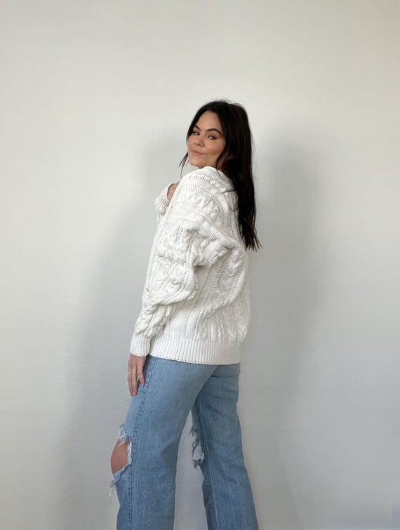 Vintage White Chunky Knit Cardigan Sweater - Gem