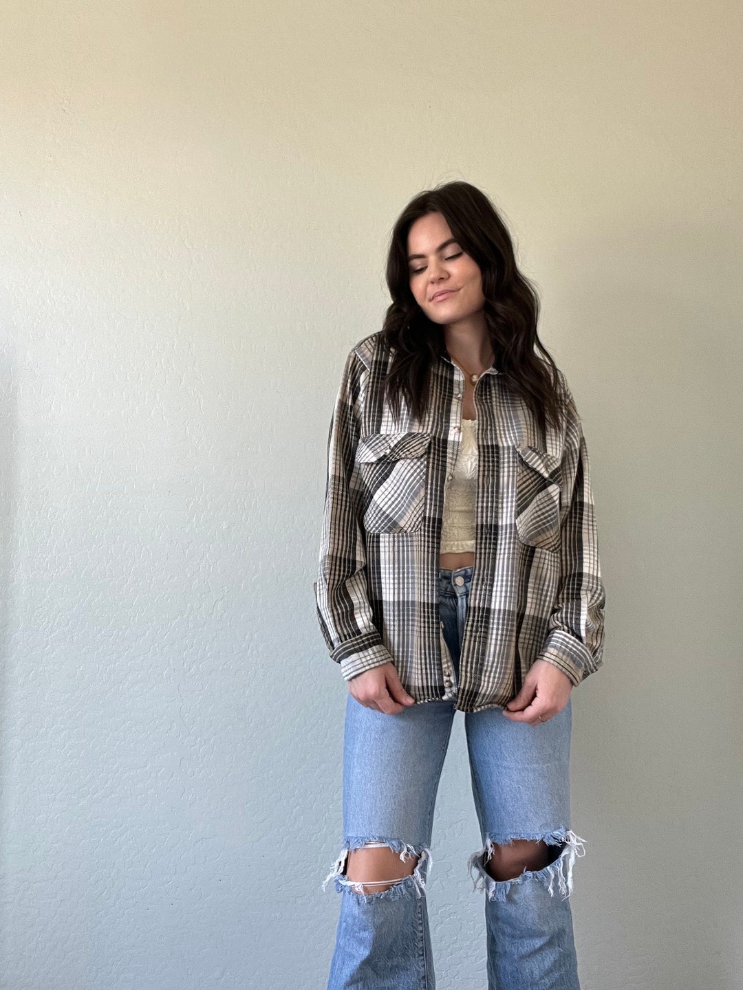 Vintage Neutral Plaid Buttoned Shacket - Etsy