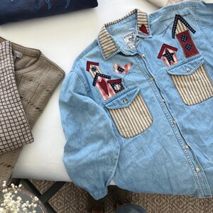 Vintage Denim Birdhouse Patchwork Button Down Shirt - Etsy
