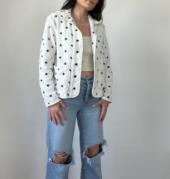 Vintage Floral Embroidered Terry Cloth Jacket Coat - Gem