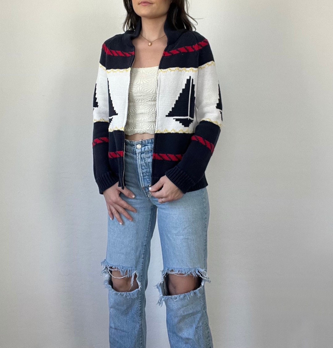 Vintage Chunky Graphic Zipped Sailboat Cardigan Sweater - Etsy