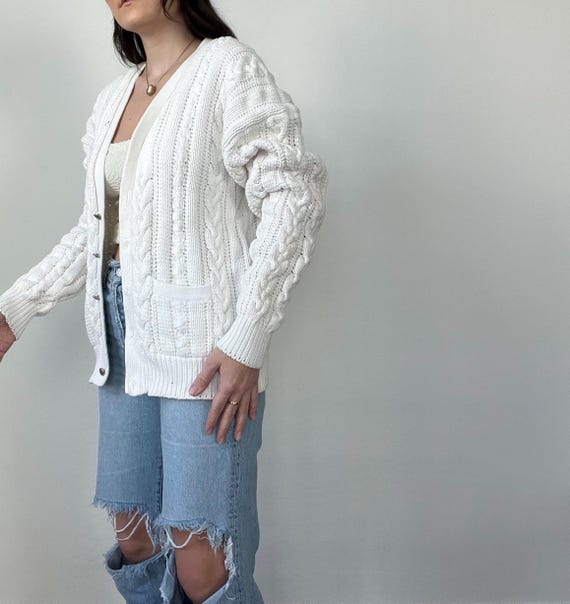 Vintage White Chunky Knit Cardigan Sweater - Gem