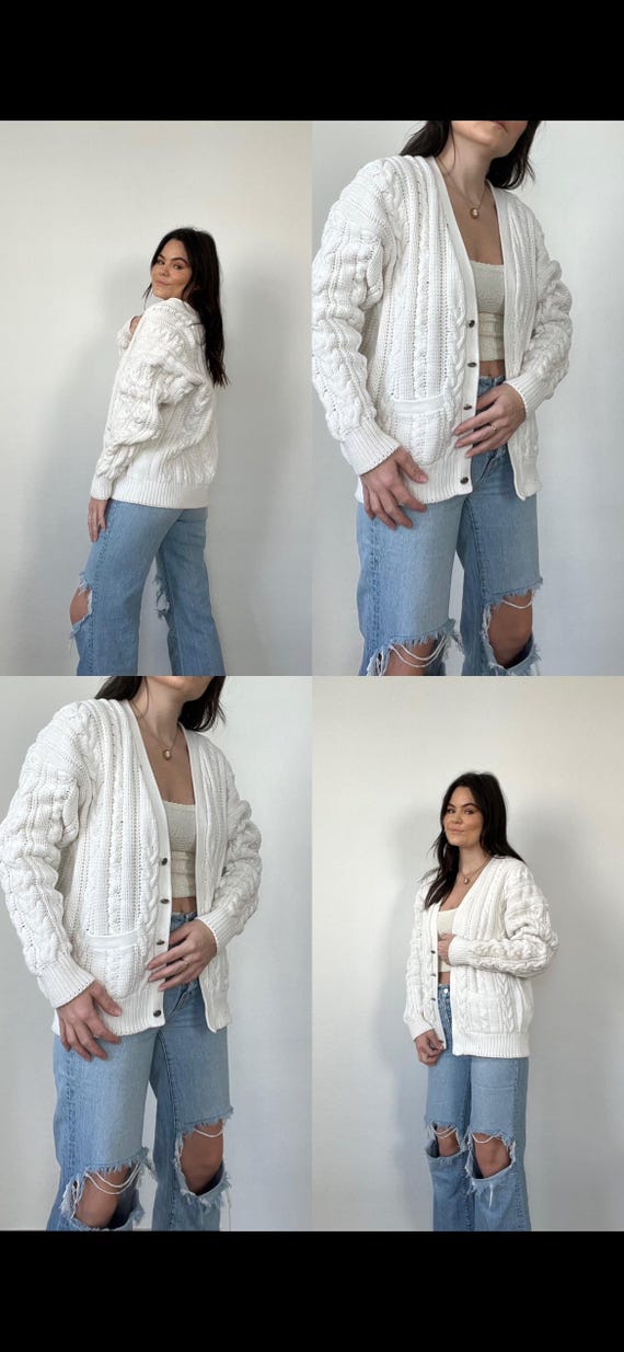 Vintage White Chunky Knit Cardigan Sweater - Gem
