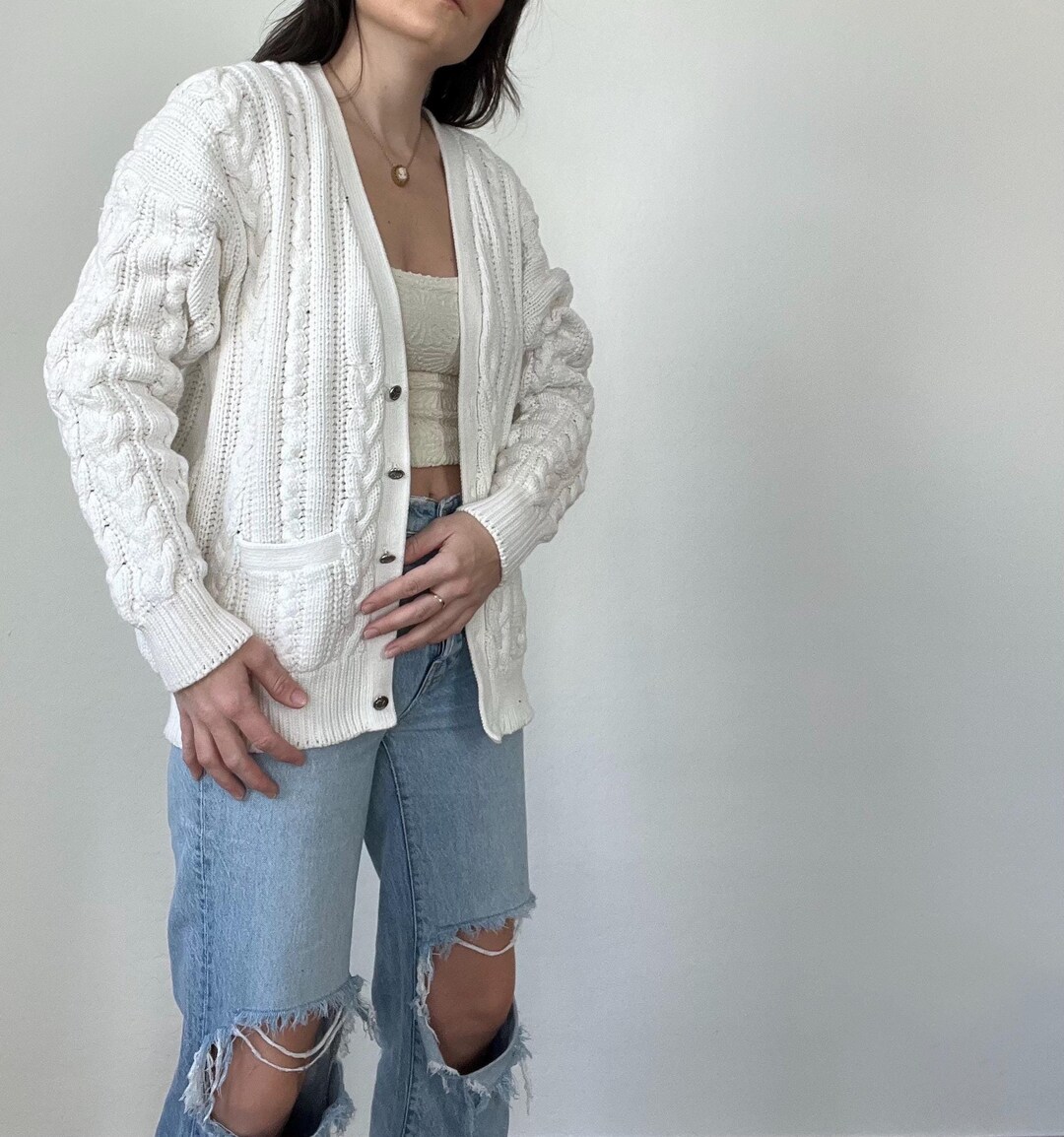 Vintage White Chunky Knit Cardigan Sweater - Etsy