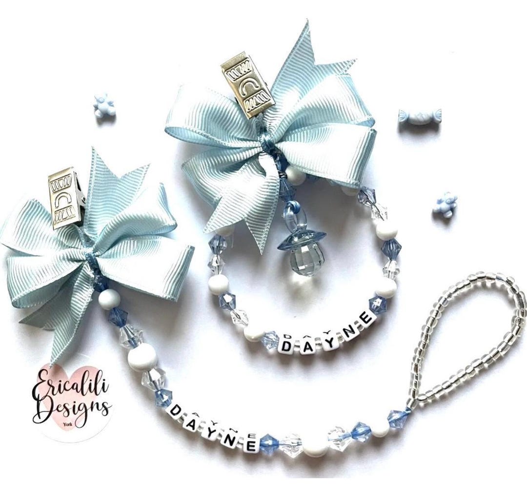 Personalised Pram Charm and Dummy Clip Set, Blue Boy New Baby Shower ...