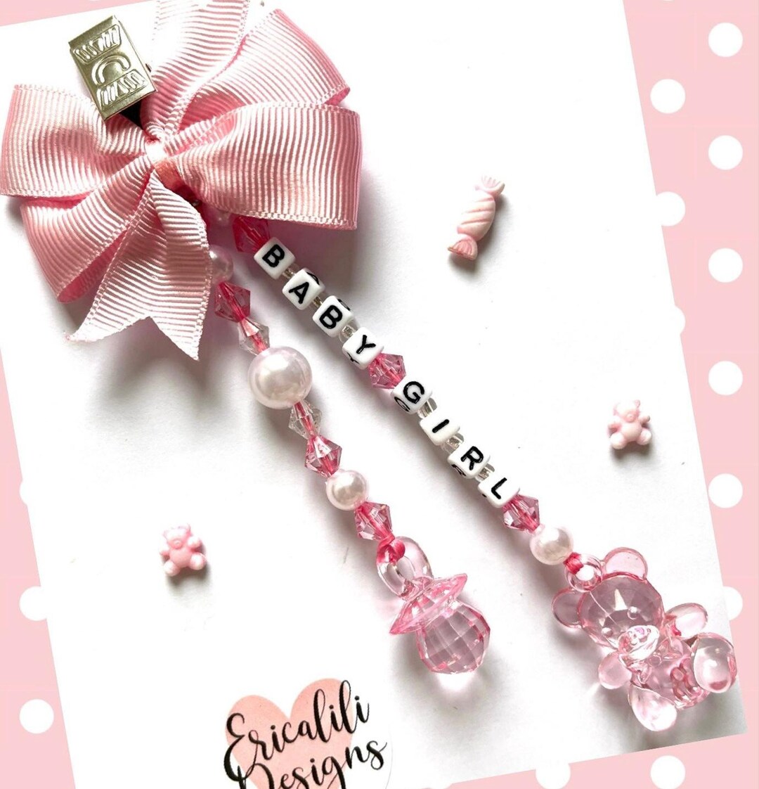Personalised Baby Pram Charm Clip Dummy Teddy Pink White Girl New Baby ...
