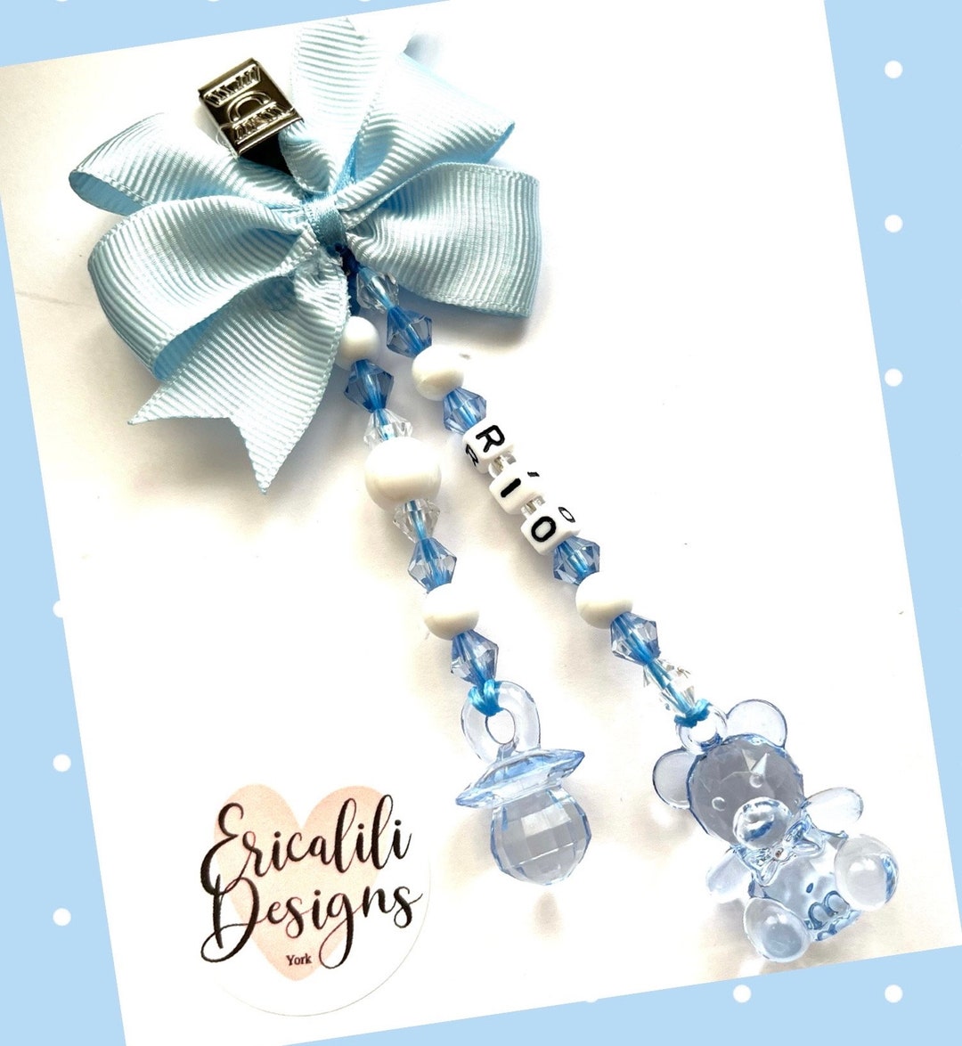 Personalised Pram Charm Clip Dummy Teddy Blue White Boy Son - Etsy UK