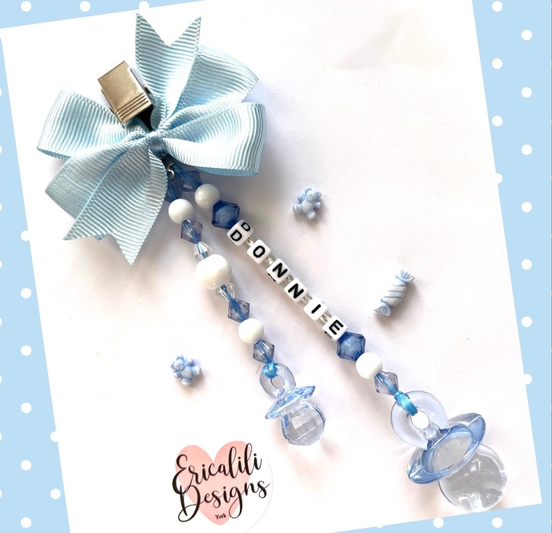 Personalised Pram Charm Clip, Dummy Blue White Boy Son New Baby Shower ...
