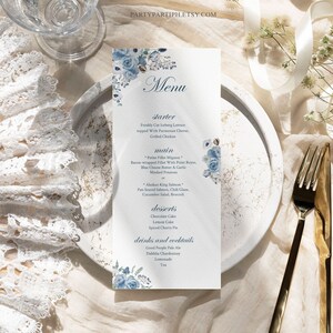 Editable Blue Flowers Menu Cards Template 4x9" Instant Download Wedding ...