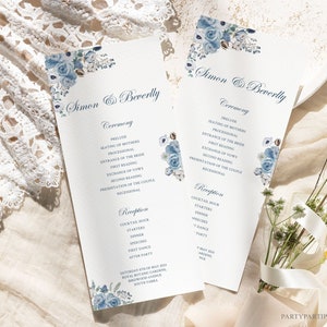 EDITABLE Blue Flower Program Card Template (wedding Bridal Shower ...