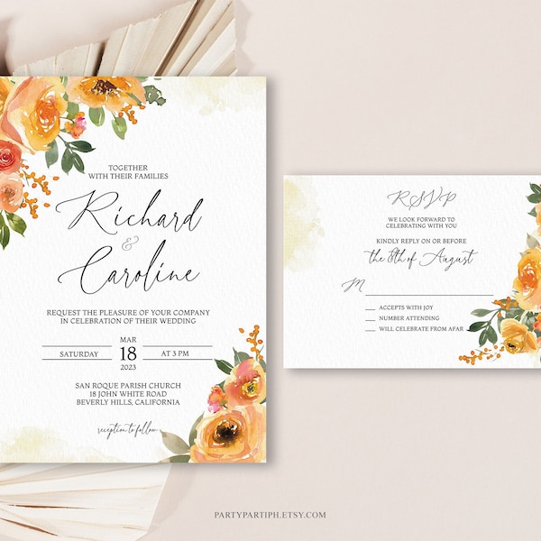 Orange Flower Wedding Invitations - Etsy