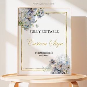 EDITABLE Blue Flowers Custom Sign Editable Printable Template Gold ...