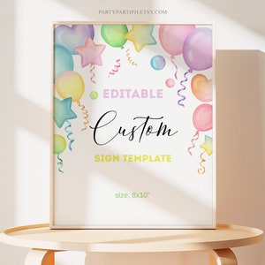 Editable Rainbow Balloons Birthday Custom Sign Pastel Rainbows ...